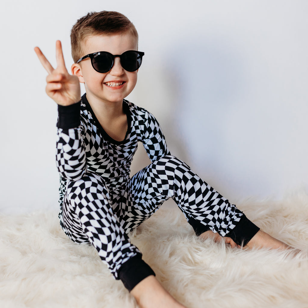 Two Piece Kids Bamboo Pajamas: Black Dizzy Check – millie + roo
